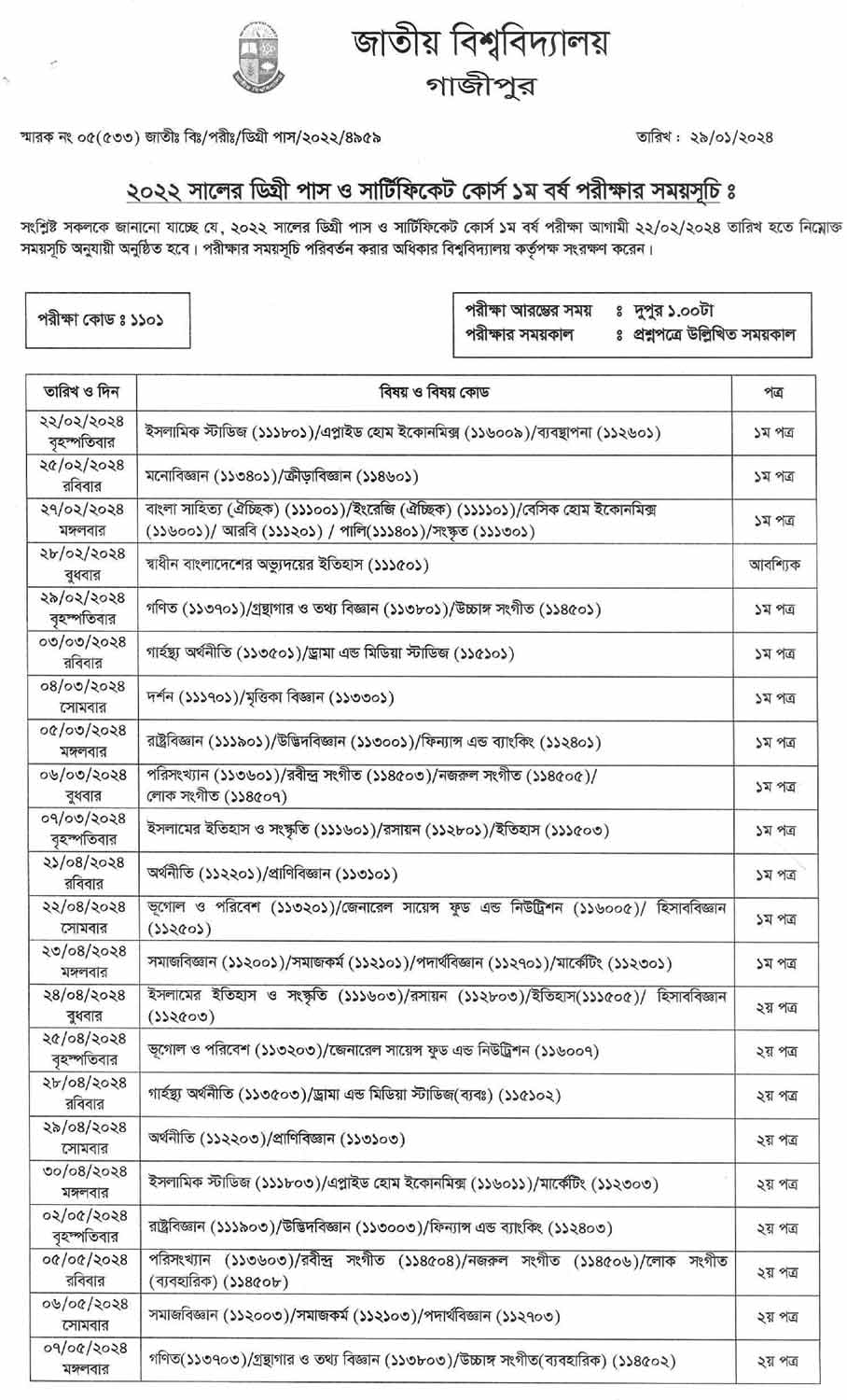 NU Degree 1st Year Routine 2024- PDF Download - Routine
