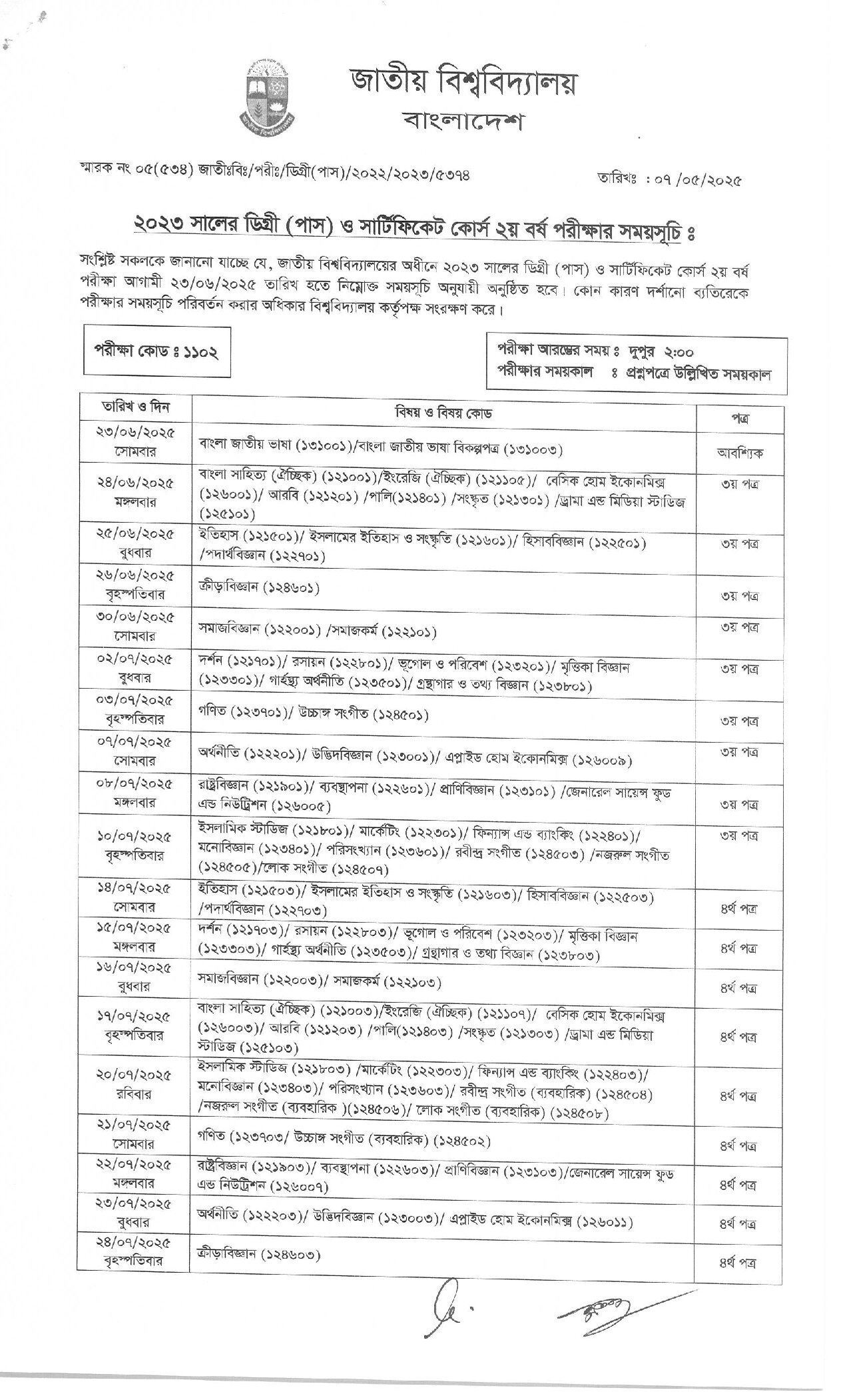 NU Degree 2nd Year Routine 2025 PDF Download - Routine